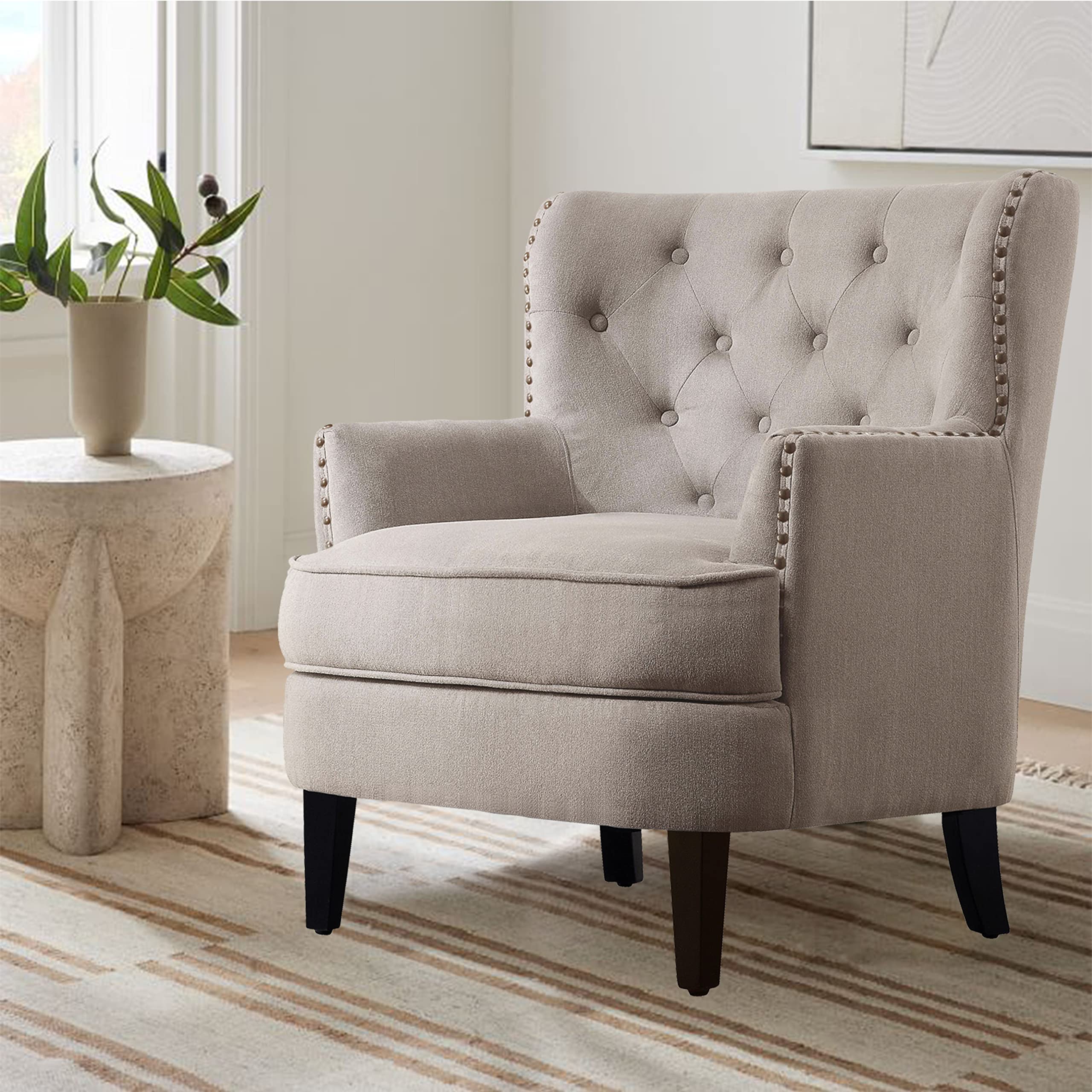 Rosevara Atlas Accent Chair Mid-Century Modern Chair Upholstered Lounge Arm Chair Cozy Accent Chair Tufted Accent Chair Small Accent Chair with Soft Cushion for Living Room, Bedroom Small Spaces