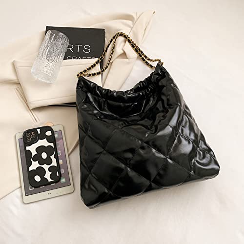 Hobo Bags for Women Designer PU Leather Shoulder Handbag Shiny Quilted Hobo Bag Women's Shoulder Bag (Black)