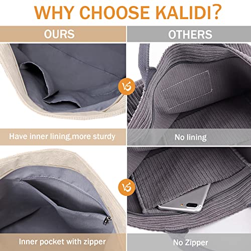 KALIDI Corduroy Tote Bag, Large Zipper Messenger Bag Shoulder Hobo Crossbody Bag Casual Work Colledge Shopping Women Beige
