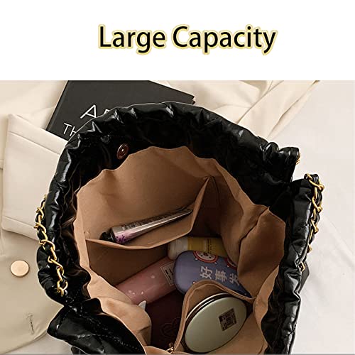 Hobo Bags for Women Designer PU Leather Shoulder Handbag Shiny Quilted Hobo Bag Women's Shoulder Bag (Black)