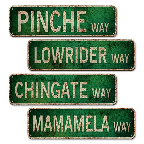Pinche Way Street Sign 4 PCS Duplex Printed Retro Lowrider/Chingate/Memamela/Pinche Way Signs for Bedroom Men Room Decor, Flexible & Waterproof Funny Mexican Signs Lowrider Wall Art, 4x14 Inches