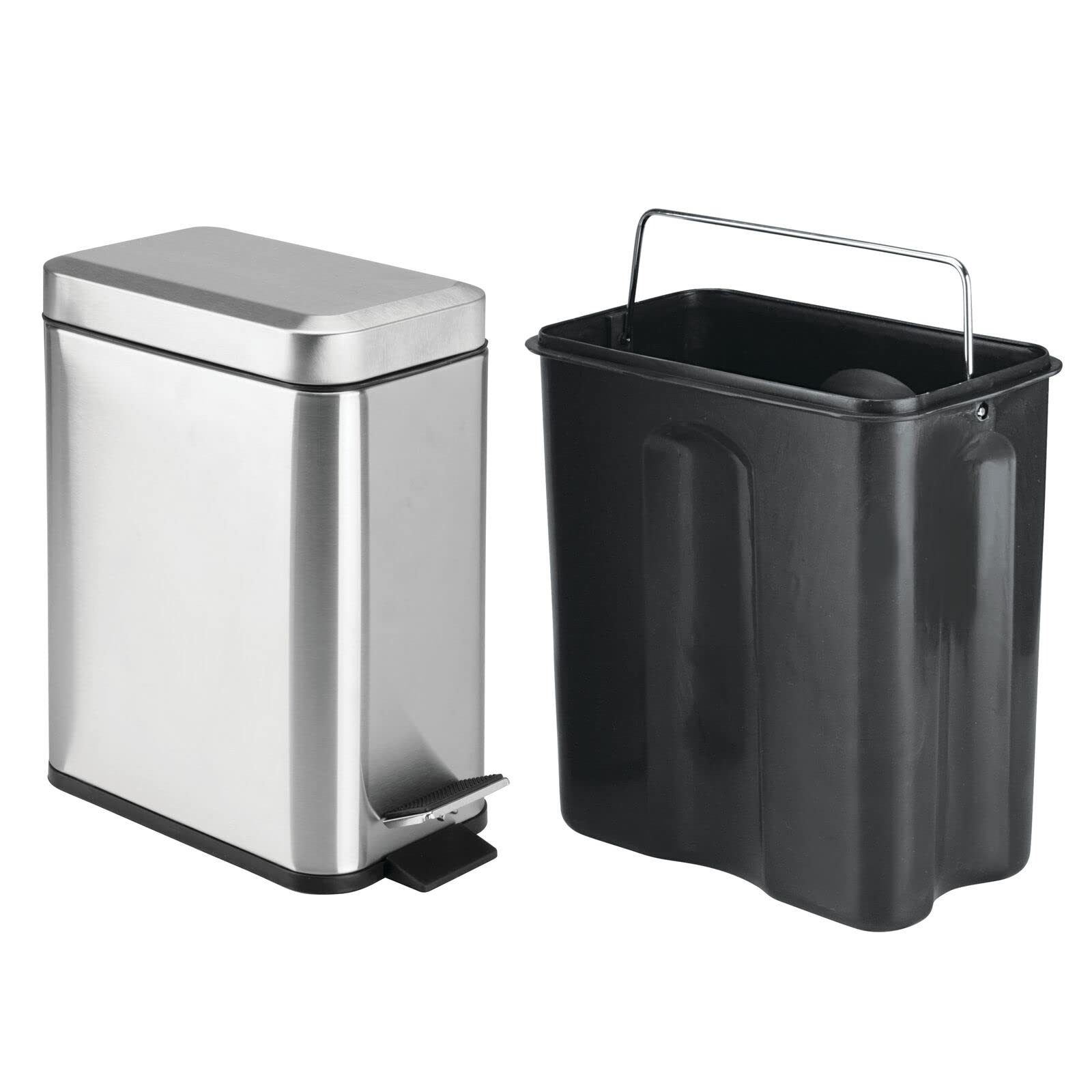 mDesign Small Modern 1.3 Gallon Rectangle Metal Lidded Step Trash Can, Compact Garbage Bin with Removable Liner Bucket and Handle for Bathroom, Kitchen, Craft Room, Office, Garage - Brushed Chrome