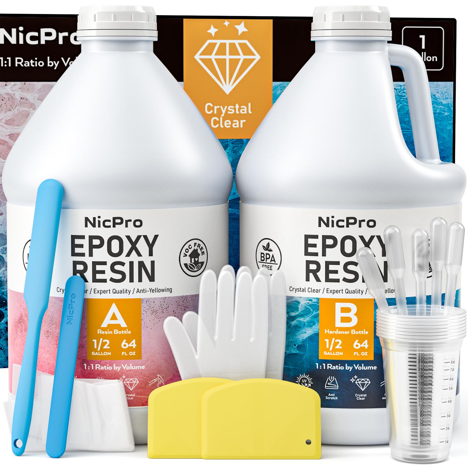 Nicpro 1 Gallon Crystal Clear Epoxy Resin Kit, High Gloss & Bubbles Free Art Resin SuppliesĀ for Coating and Casting, Craft DIY, Wood, Table Top, Bar Top, Molds, River Tables with Cups, Sticks, Gloves