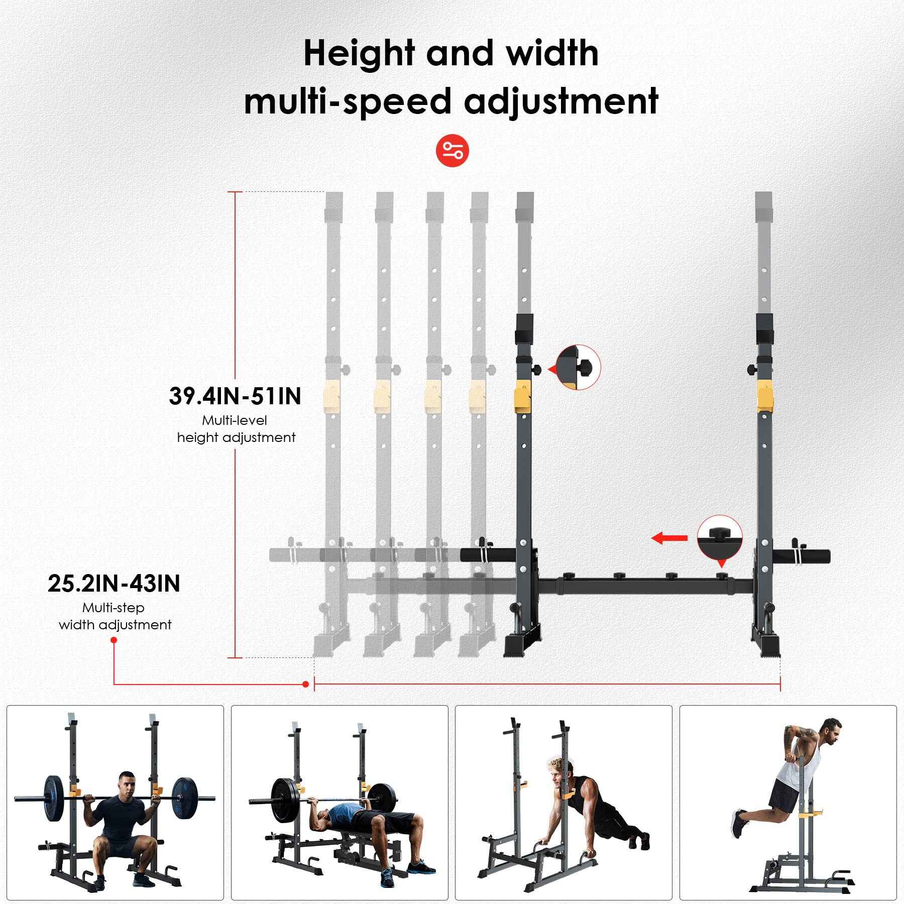 SincMill Squat Rack Machine,Barbell Rack,Folding Weight and Bench Press Rack Stand,Adjustable Height and Width.With Pull Up,Push Up Bars.Can Load 600Lbs