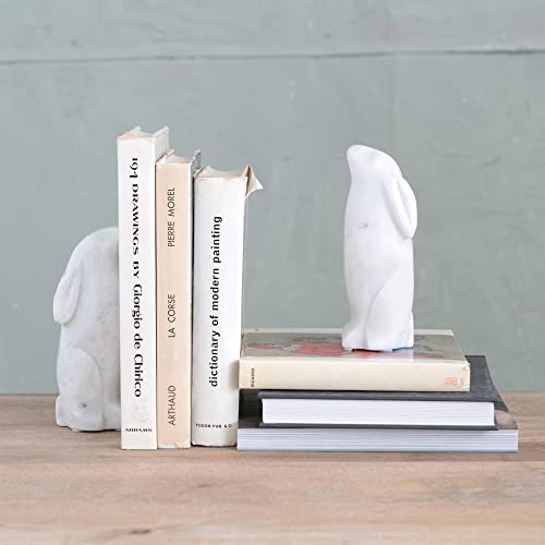 Creative Co-Op Handcarved Rabbit Marble, White, Set of 2 Bookends, 3" L x 5" W x 7" H