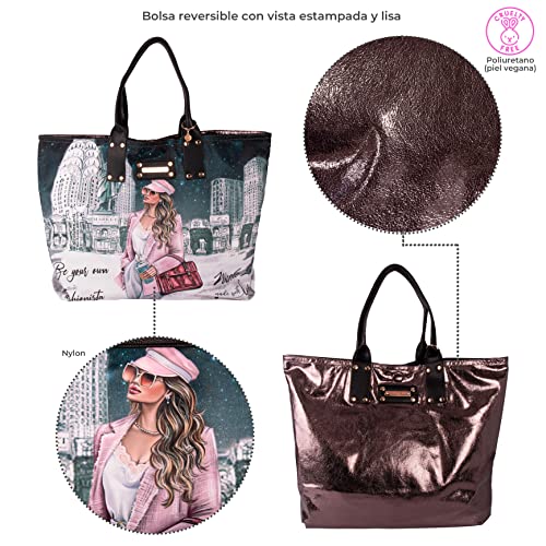 Nicole Lee Reversible 2-Sided Large Oversized Shopper Tote, Fashion Print, Metallic Travel Shoulder Bag (Sara is Soft but Strong)