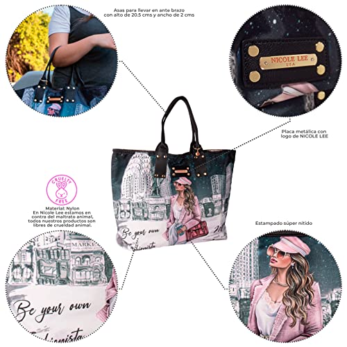 Nicole Lee Reversible 2-Sided Large Oversized Shopper Tote, Fashion Print, Metallic Travel Shoulder Bag (Sara is Soft but Strong)