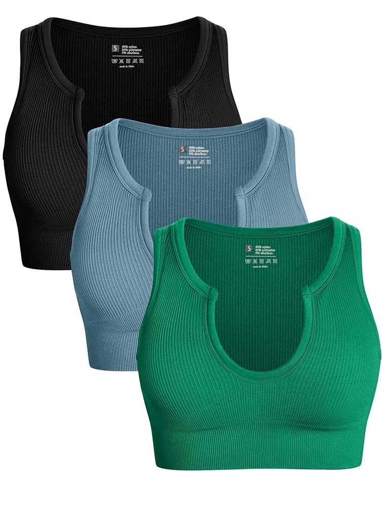 OQQ Women's 3 Piece Medium Support Crop Top Seamless Ribbed Removable Cups Workout Yoga Sport Bra Black Blue Green