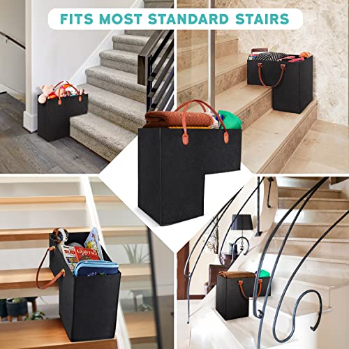Stair Basket and Stairway Organizer with 2 Reinforced Durable Leather Handles for Standard Sized Stairsteps, Made of Non-Woven Felt Fabric, Collapsible
