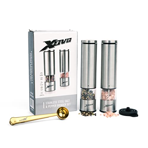 XOVO Electric Salt & Pepper Grinder Set - Battery Operated Stainless Steel Mill With LED Lighting - Electronic Adjustable Shakers - Ceramic Grinders - One Handed Automatic Operation - 2 Pack