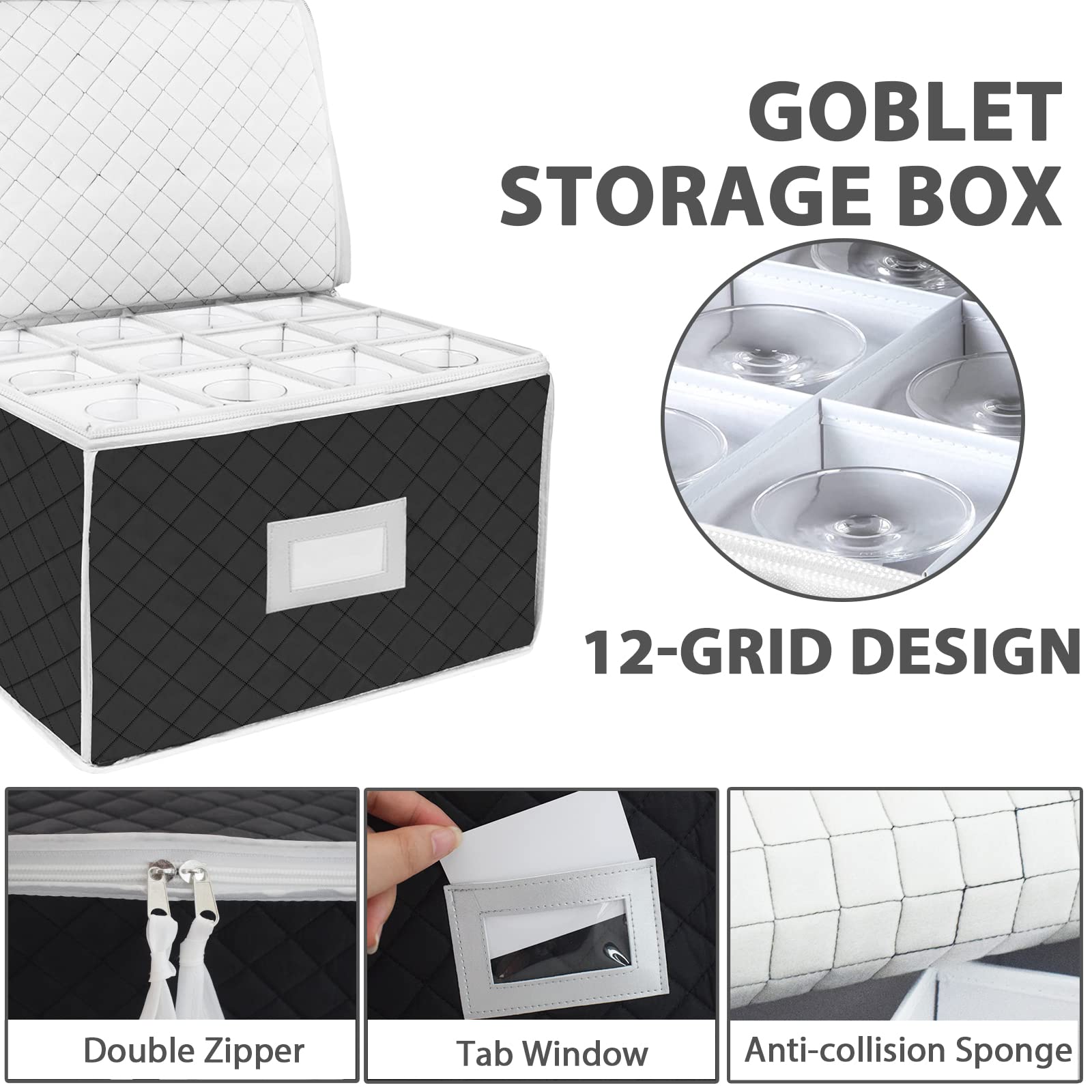 Xmasorme Wine Glass Storage Boxes with Dividers 2 pack, China Storage Containers Chest,Holds 12 Wine Glass or Crystal Glassware with Dividers and Label Window for Moving,Picnic(Black)