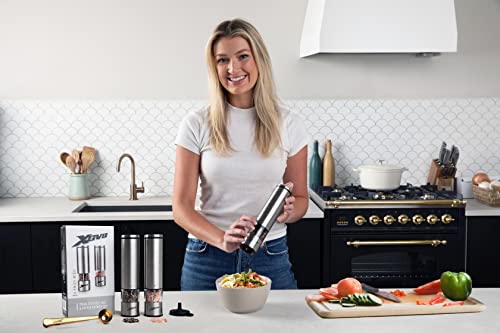 XOVO Electric Salt & Pepper Grinder Set - Battery Operated Stainless Steel Mill With LED Lighting - Electronic Adjustable Shakers - Ceramic Grinders - One Handed Automatic Operation - 2 Pack