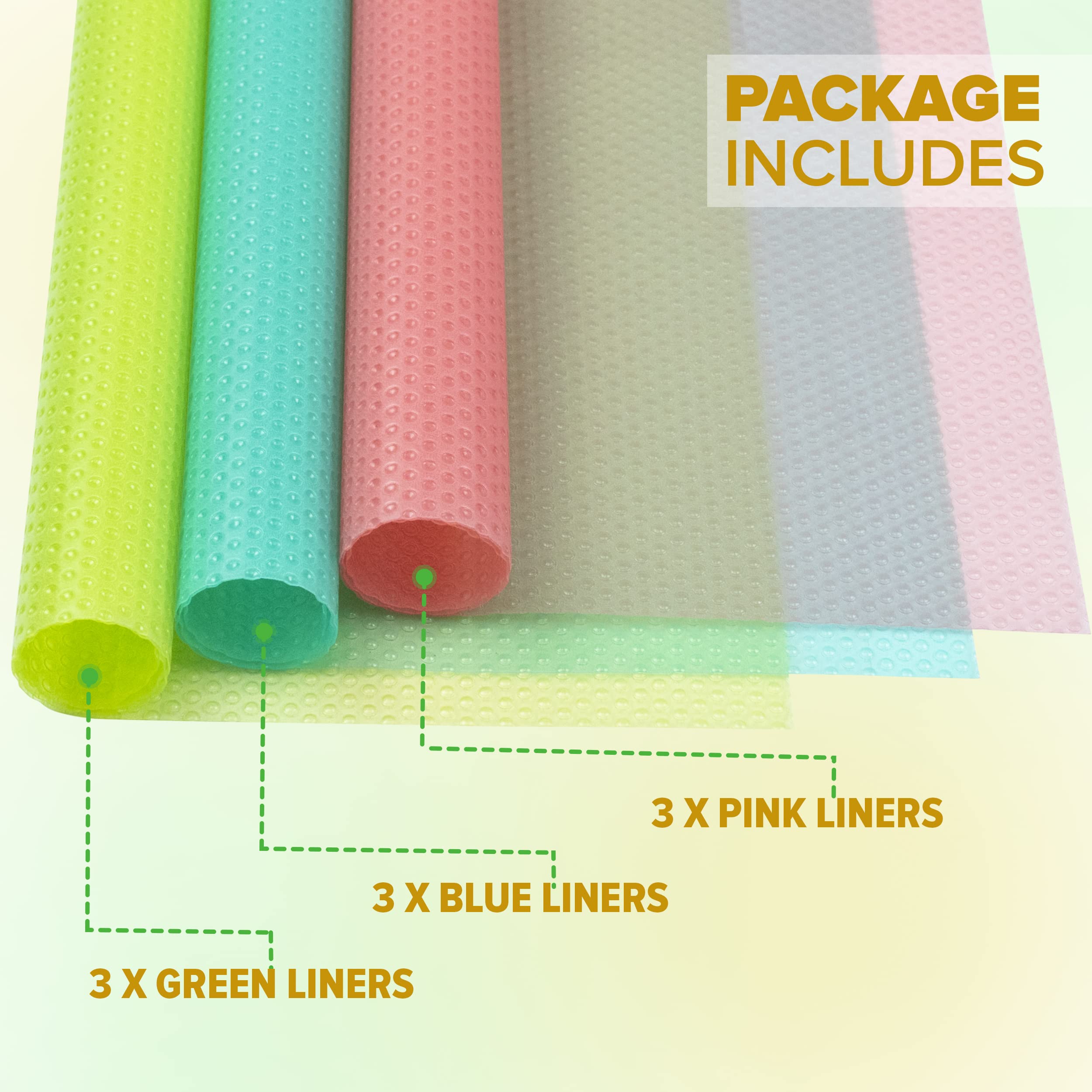 VITCHAL 9 Pcs-17.5''x11.5'' Refrigerator Liners, Drawer Table Mats, Washable Mats Covers Pads, Organization for Top Freezer Glass Shelf Wire Shelving Cupboard Cabinet Drawers [3 Blue+3 Green+3 Pink]