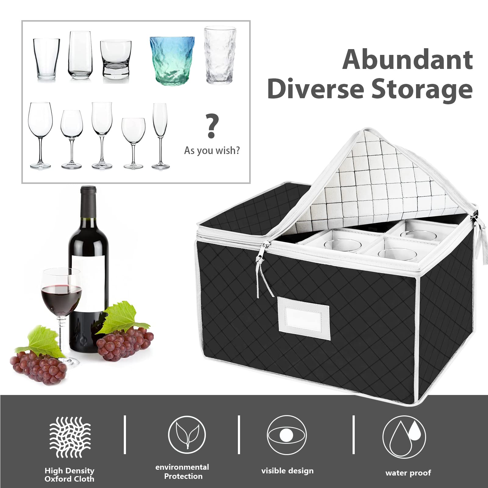 Xmasorme Wine Glass Storage Boxes with Dividers 2 pack, China Storage Containers Chest,Holds 12 Wine Glass or Crystal Glassware with Dividers and Label Window for Moving,Picnic(Black)