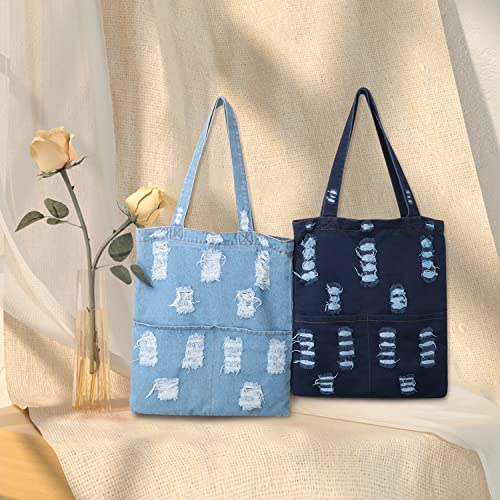 LUI SUI Denim Hobo Tote Bags for Women Retro Jean Shoulder Bag Large Lightweight Casual Canvas Bag