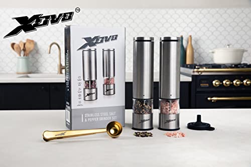 XOVO Electric Salt & Pepper Grinder Set - Battery Operated Stainless Steel Mill With LED Lighting - Electronic Adjustable Shakers - Ceramic Grinders - One Handed Automatic Operation - 2 Pack