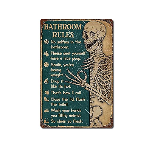SaNavie Vintage Tin Signs Retro Metal Sign Bathroom Rules Skeleton Vertical Poster, Decor Poster,Antique for Bar Kitchen, Nostalgic Decor- 8x12 Inches, multicolor