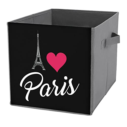 I Love Paris Foldable Storage Bins Printd Fabric Cube Baskets Boxes with Handles for Clothes Toys, 11x11x11