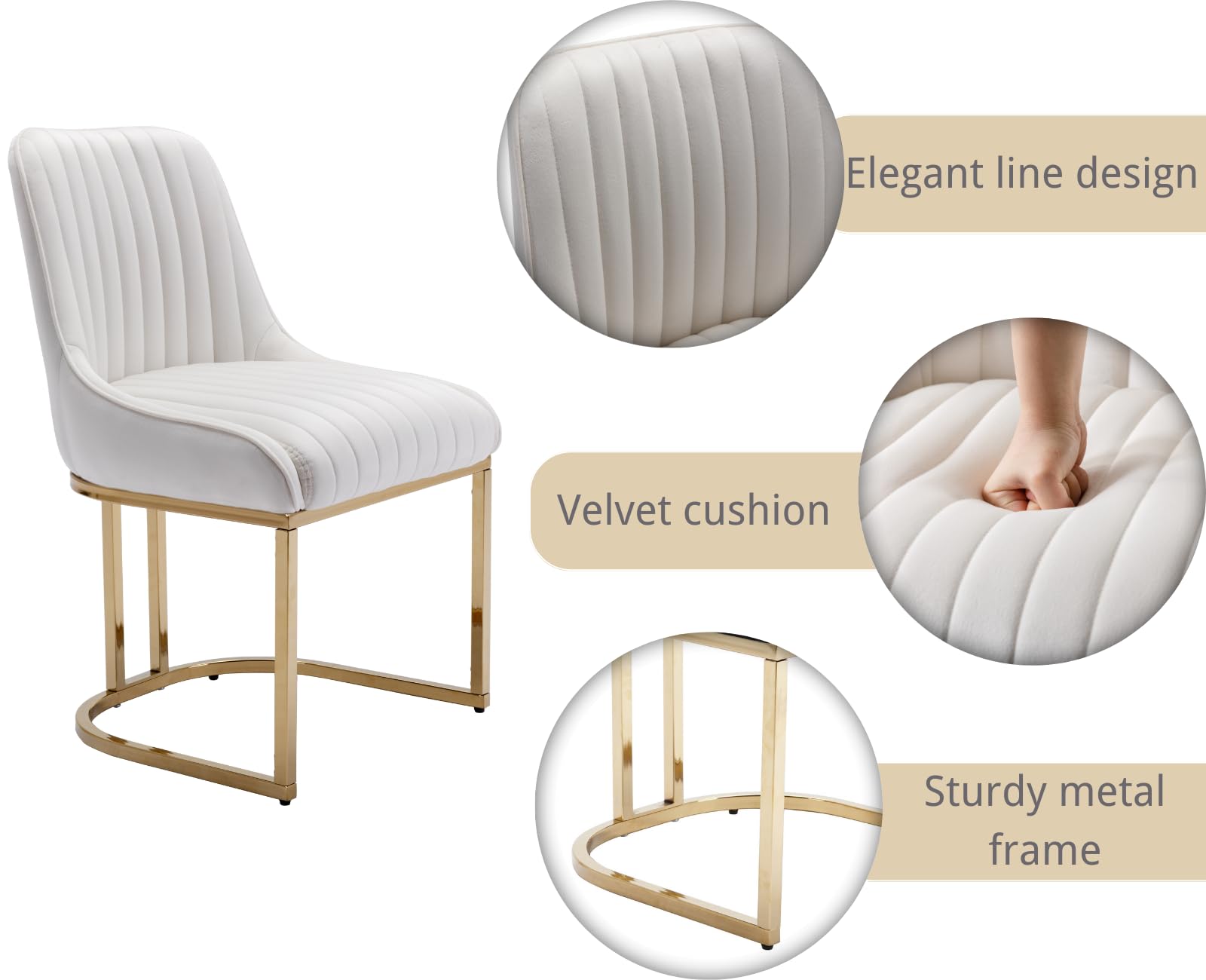 EALSON Velvet Upholstered Dining Chairs Set of 2 Modern Accent Dining Room Chairs with Gold Metal Base Comfy Padded Kitchen Chairs Armless Side Chairs for Kitchen Dining Room, Cream