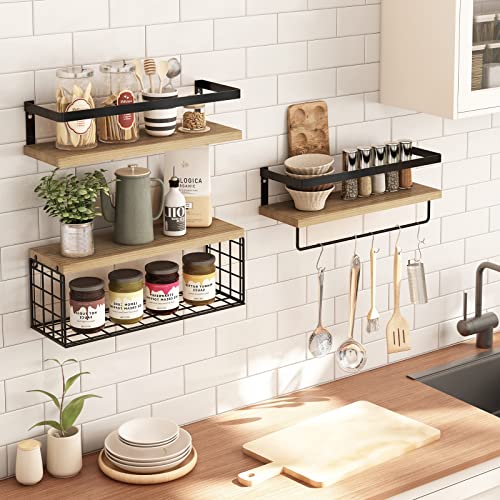 Fixwal 3+1 Tier Wall Mounted Floating Shelves with Metal Frame, Rustic Wood Bathroom Shelves Over Toilet with Wire Storage Basket and Towel Bar for Bathroom, Kitchen, Bedroom (Rustic Brown)