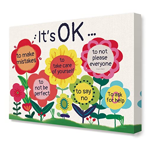 It's OK Colorful Flowers Inspirational Quote Canvas Framed Wall Art, Cute Motivational Canvas Framed Print for Teens Girls Home Bedroom Dorm Office Wall Decor 15" x 12"