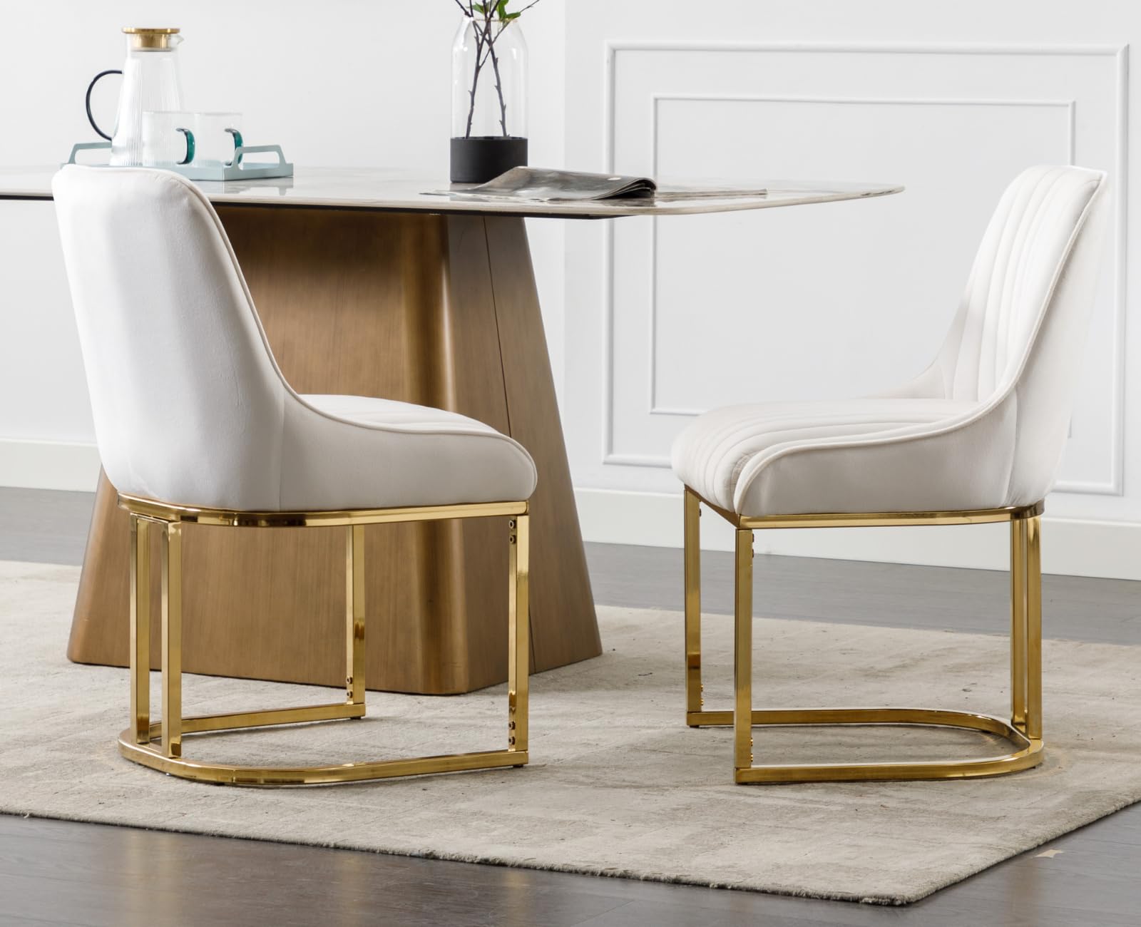 EALSON Velvet Upholstered Dining Chairs Set of 2 Modern Accent Dining Room Chairs with Gold Metal Base Comfy Padded Kitchen Chairs Armless Side Chairs for Kitchen Dining Room, Cream