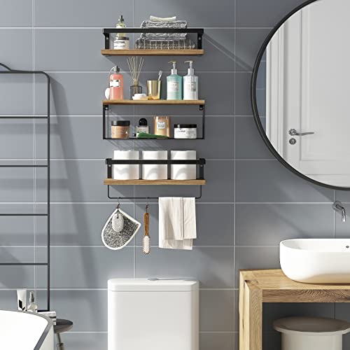 Fixwal 3+1 Tier Wall Mounted Floating Shelves with Metal Frame, Rustic Wood Bathroom Shelves Over Toilet with Wire Storage Basket and Towel Bar for Bathroom, Kitchen, Bedroom (Rustic Brown)