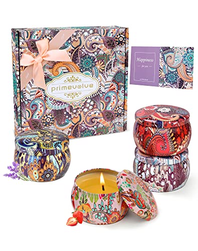 Scented Candles Gifts for Women, Primevolve Home Scented Aromatherapy Candles Set, Strongly Fragrance Essential Oils for Stress Relief, Jar Candles, 100% Soy Wax, 4x4.4oz