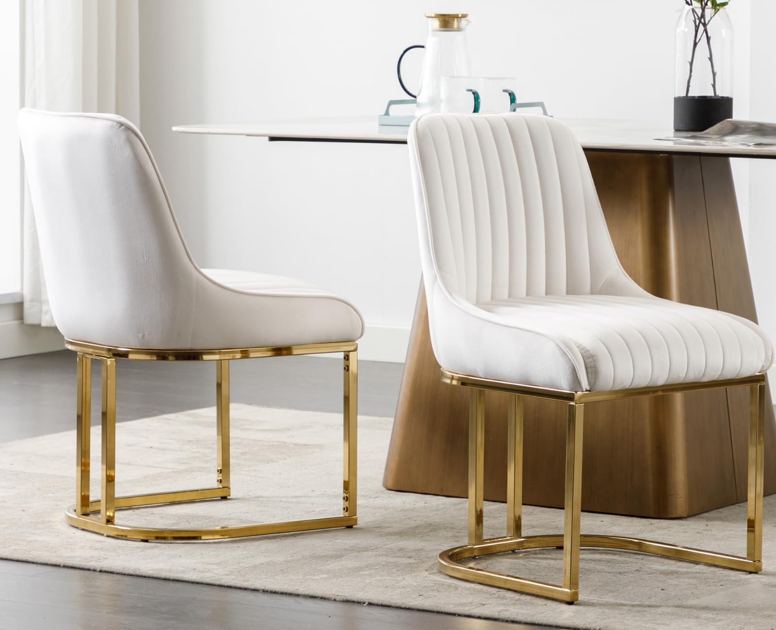 EALSON Velvet Upholstered Dining Chairs Set of 2 Modern Accent Dining Room Chairs with Gold Metal Base Comfy Padded Kitchen Chairs Armless Side Chairs for Kitchen Dining Room, Cream