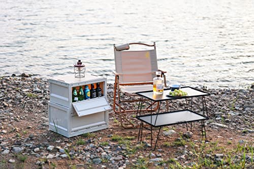 The foldable outdoor camping storage box has a large capacity of 40L, the foldable storage box equipped with a wooden cover and rollers can be used for indoor,car trunk and camping.