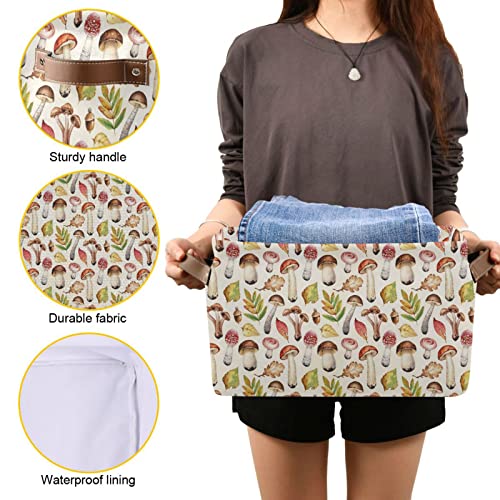 ALAZA Mushroom Leaves Autumn Large Storage Basket with Handles Foldable Decorative 1 Pack Storage Bin Box for Organizing Living Room Shelves Office Closet Clothes