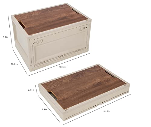 The foldable outdoor camping storage box has a large capacity of 40L, the foldable storage box equipped with a wooden cover and rollers can be used for indoor,car trunk and camping.