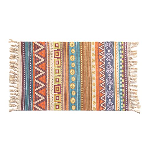 aoaoaoway Cotton Rug Soft Rug and Handwoven Fringe Rectangular Cotton Rug Tapestry Boho Kitchen, Living Room (Blue&Orange, 51.2 * 23.6)