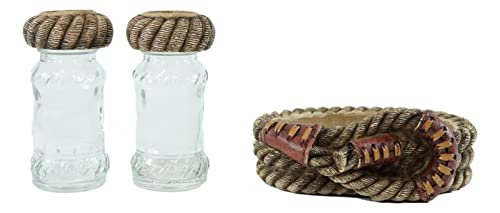 Set Of 1 Cowboy Braided Lasso Ropes Salt And Pepper Shakers W/Holder Set