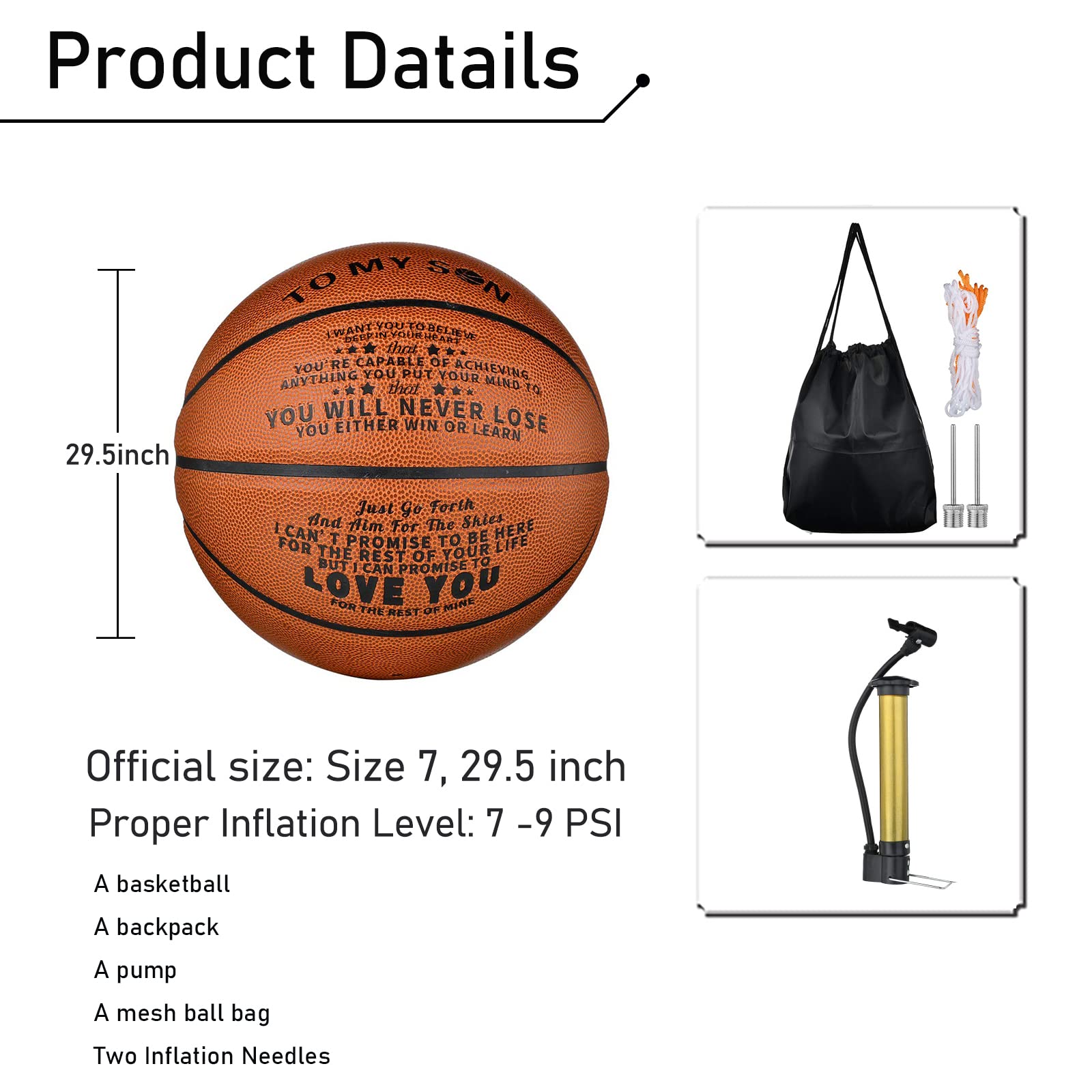CaleesLLC to My Son 29.5 Inch Basketball Engraved You Will Never Lose Encouragement Gift for Graduation Birthday