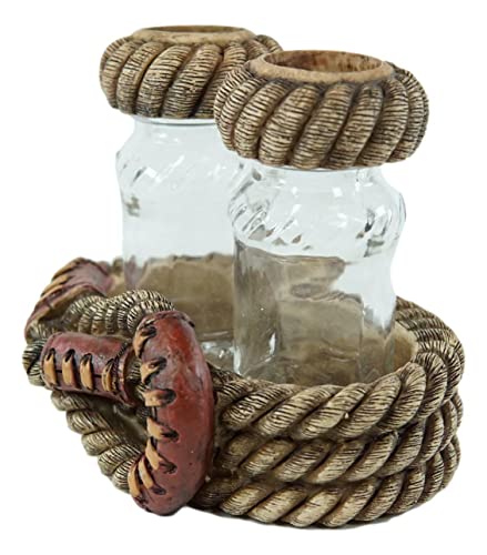 Set Of 1 Cowboy Braided Lasso Ropes Salt And Pepper Shakers W/Holder Set