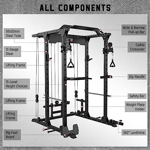 MAJOR LUTIE Fitness Power Cage with 245LBS Cast Iron Weight Plates and Olympic Barbell, PLM03 All-in-One Multi-Function Power Rack with Adjustable Cable Crossover System and Exercise Attachment Black