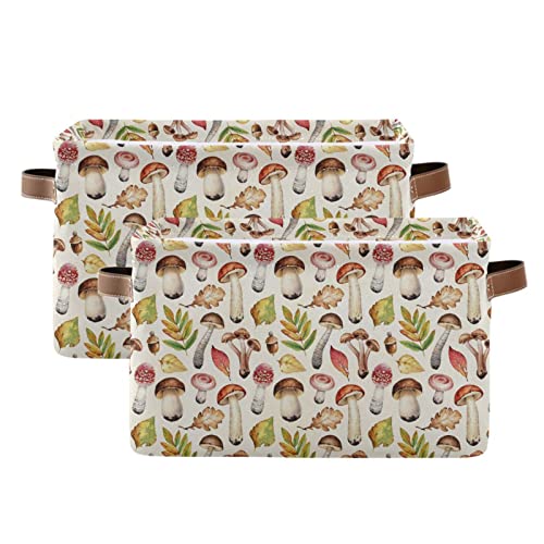 ALAZA Mushroom Leaves Autumn Large Storage Basket with Handles Foldable Decorative 1 Pack Storage Bin Box for Organizing Living Room Shelves Office Closet Clothes