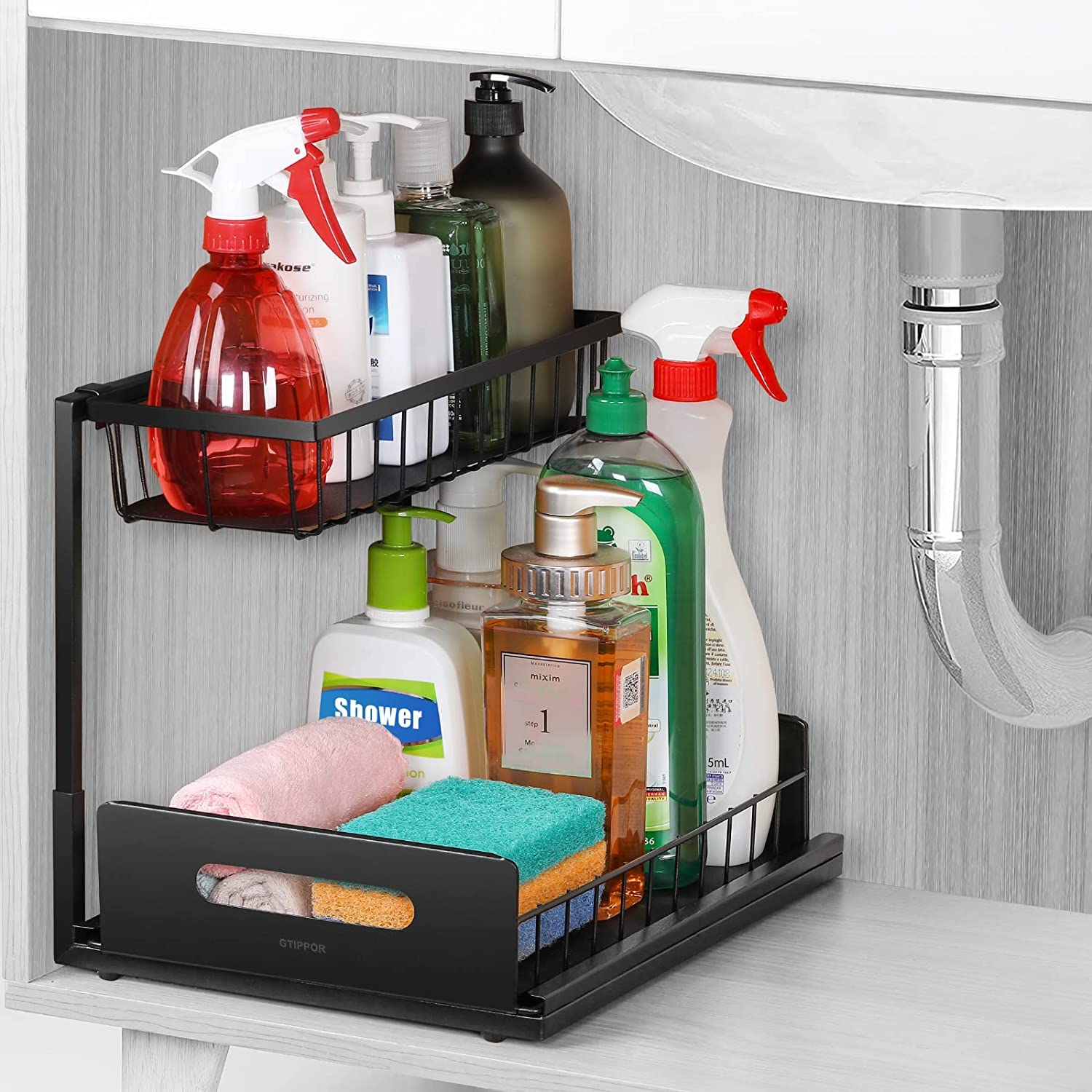 RIRPUAE Under Sink Organizers And Storage, 2 Tier Pull Out Cabinet Organizer Shelf for Bathroom Kitchen, Multi-Purpose Sliding Drawers Baskets