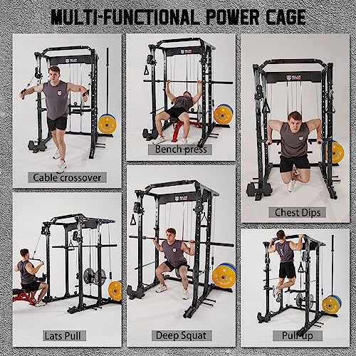 MAJOR LUTIE Fitness Power Cage with 245LBS Cast Iron Weight Plates and Olympic Barbell, PLM03 All-in-One Multi-Function Power Rack with Adjustable Cable Crossover System and Exercise Attachment Black