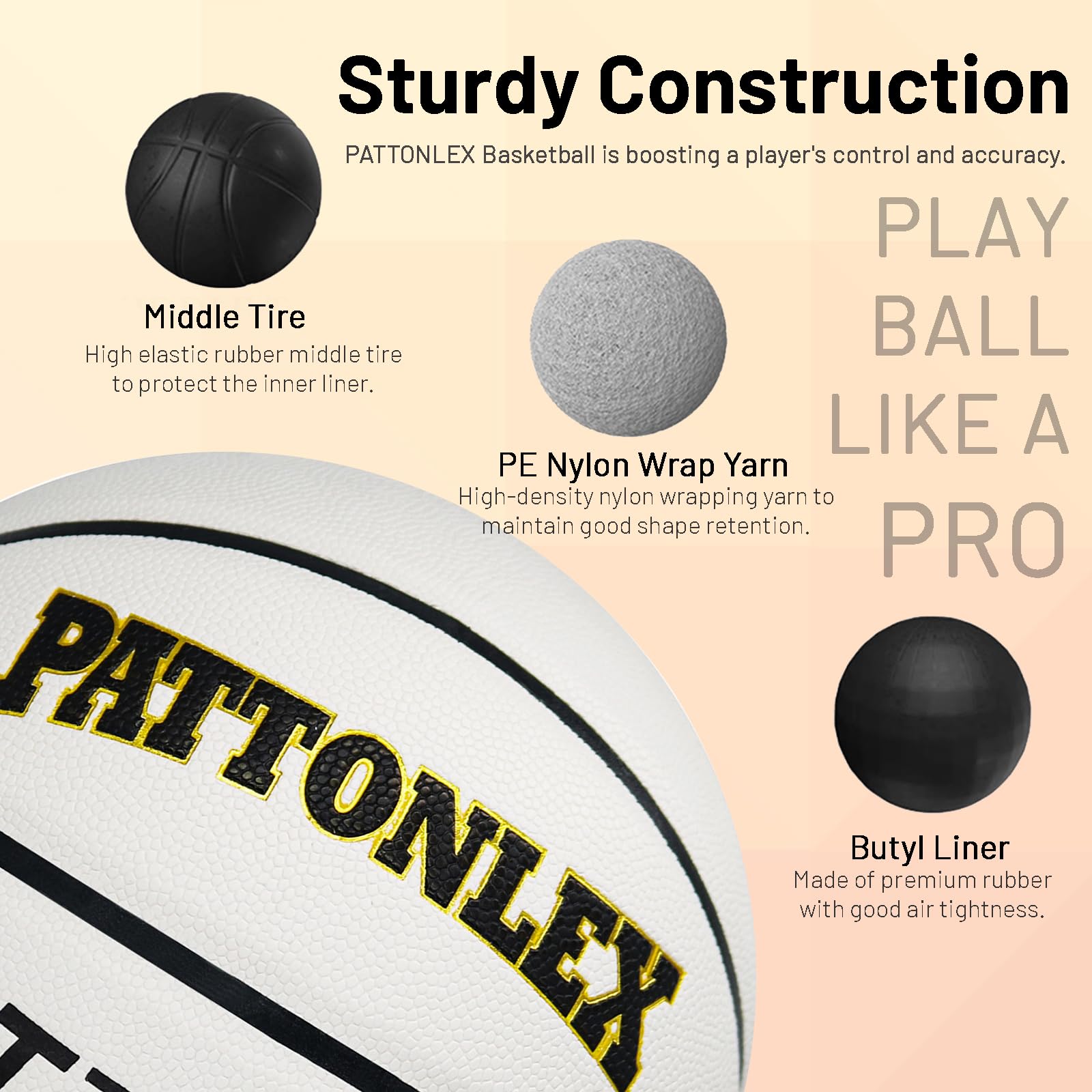 PATTONLEX Basketball - Official Size 7 (29.5") - Composite Leather - Indoor/Outdoor Ball for Men(White)