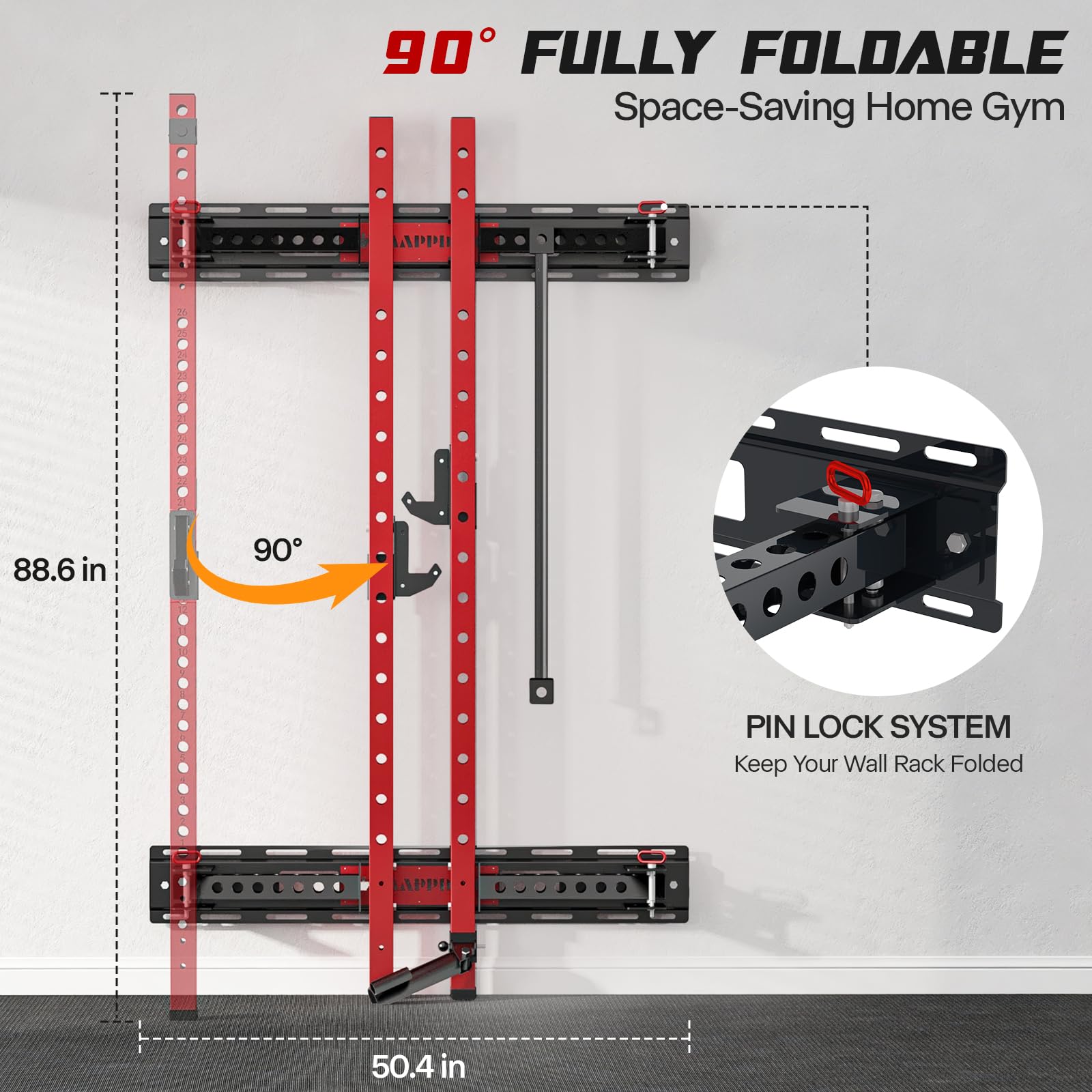 Mappding Folding Squat Rack Wall Mounted, 1100 LBS Foldable Squat Power Rack Weight Cage with Pull Up Bar, J-Cups, Landmine and Partable Space Saving Free Standing for Home Gym Garage Workout, Red