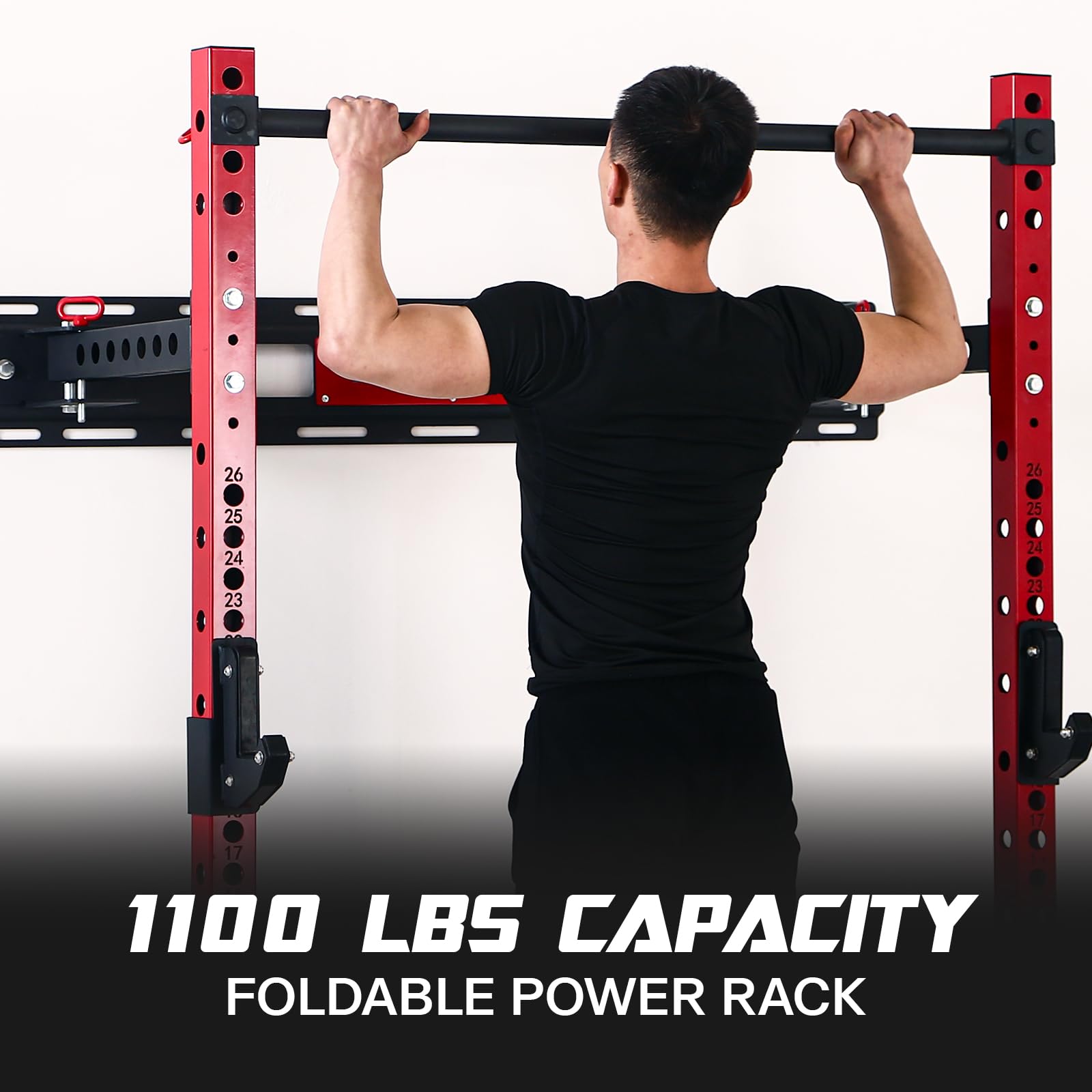 Mappding Folding Squat Rack Wall Mounted, 1100 LBS Foldable Squat Power Rack Weight Cage with Pull Up Bar, J-Cups, Landmine and Partable Space Saving Free Standing for Home Gym Garage Workout, Red