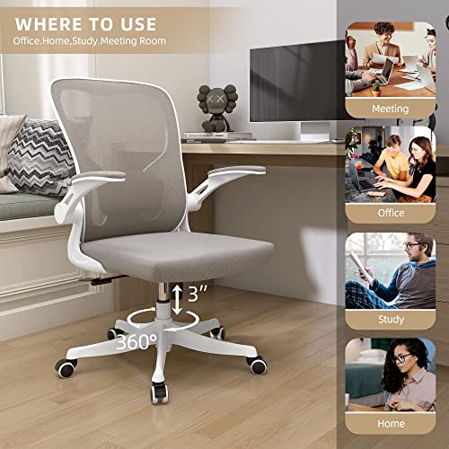 Monhey Office Chair - Ergonomic Office Chair with Lumbar Support & Flip-up Arms Home Office Desk Chairs Height Adjustable High Back Rockable Computer Chair Swivel 360° Warm Taupe Mesh Study Chair