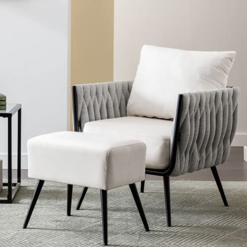 Ya-Home Modern Accent Chair with Ottoman, Velvet Upholstered Side Chair Single Sofa Armchair with Black Metal Legs for Living Room Bedroom Reception Room, Beige