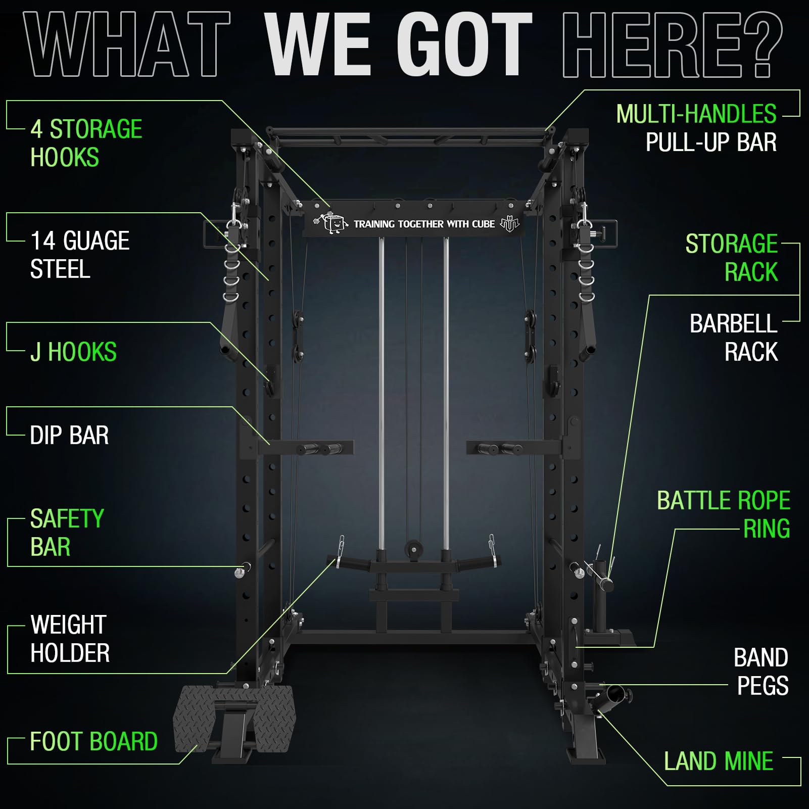 Mikolo Power Cage, 1500lbs Power Rack with LAT PullDown and Cable Crossover System, Squat Rack with Pulley System, Weight Cage for Home Gym with Training Attachments(BLACK)