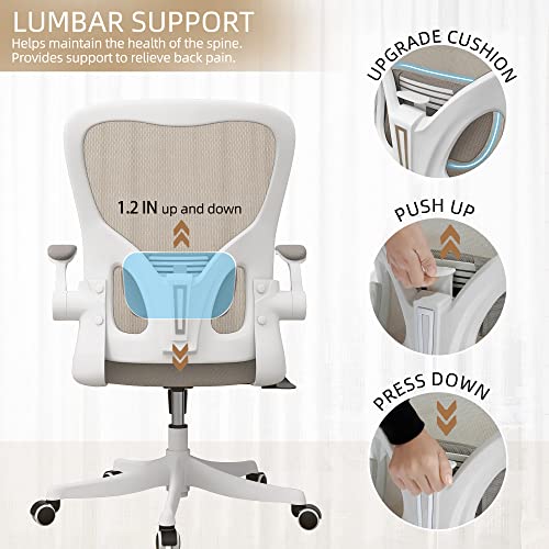 Monhey Office Chair - Ergonomic Office Chair with Lumbar Support & Flip-up Arms Home Office Desk Chairs Height Adjustable High Back Rockable Computer Chair Swivel 360° Warm Taupe Mesh Study Chair