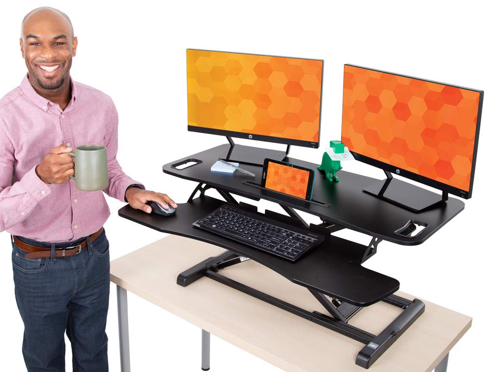 Flexpro Hero 37 Inch Standing Desk | 2 Level Standing Desk Converter with Keyboard Shelf and Monitor Riser | Large Dual Level Sit to Stand Workspace | Easily Sit or Stand in Seconds! (Black / 37")