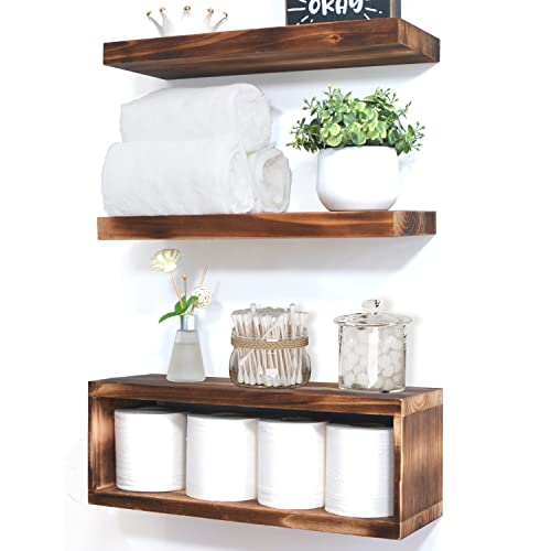 Noilk Floating Shelves, Bathroom Toilet Paper Holder Wall Mounted, Storage Shelf Organizer Over The Toilet, Decorative Kitchen Shelf Board Easy Install, Natural Wood Rustic Decor Plant Shelves