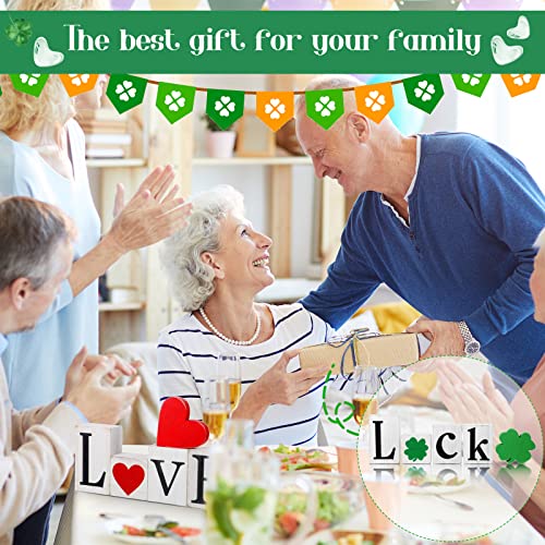 Glenmal 6 Pieces St. Patrick's Day Table Clover Signs Set Farmhouse St. Patrick's Day Wood Sign Double Side Four Leaf Clover Heart Block Wooden Luck Tiered Tray Decor for Kitchen Mantle Office Decor